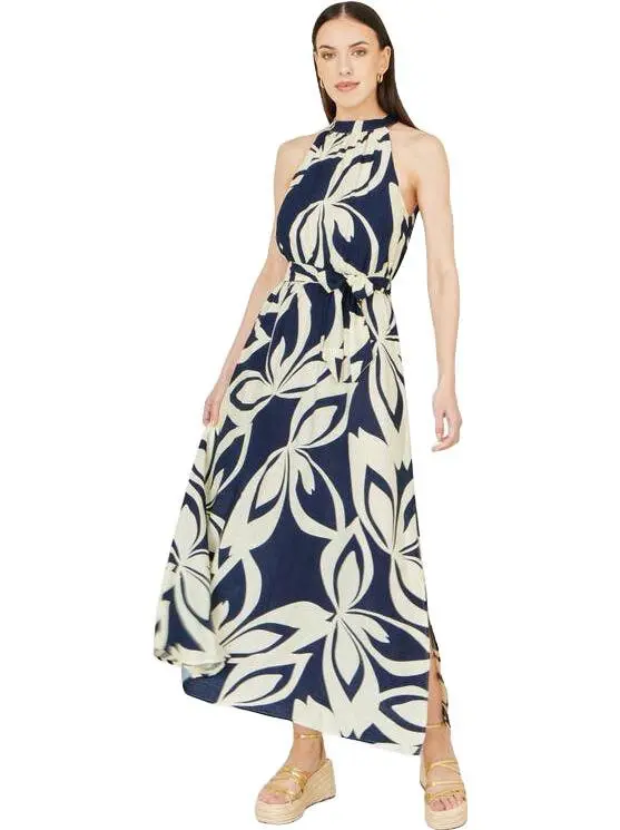 YUMI Geo Swirl Print Halter Maxi Dress - Navy