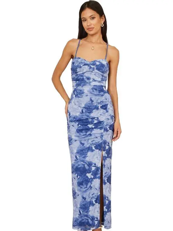 YUMI Floral Mesh Ruched Midi Dress - Blue