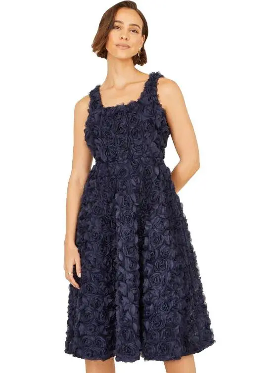 YUMI Applique Floral Skater Dress - Navy