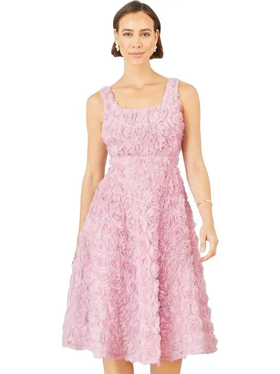 YUMI Applique Floral Skater Dress - Pink