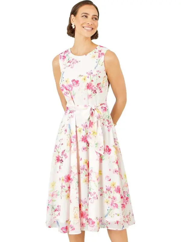 YUMI Floral Print Midi Skater Dress - White