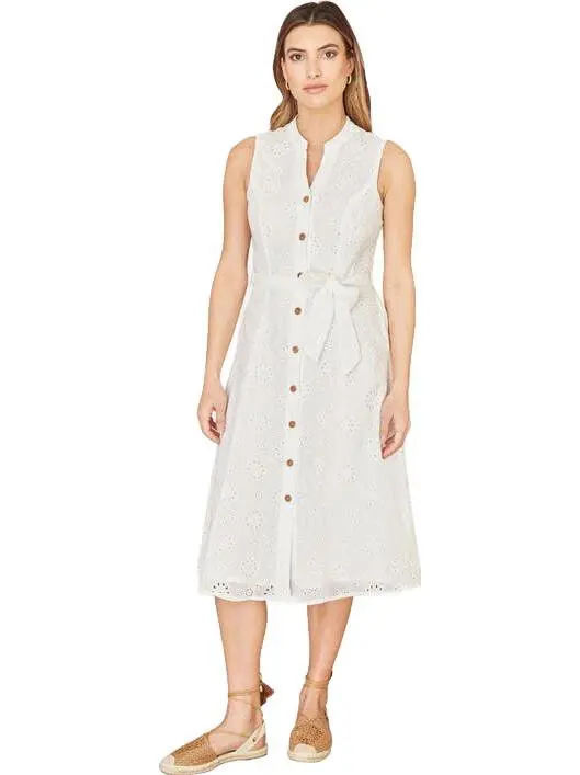 YUMI Broderie Anglaise Cotton Shirt Midi Dress - White