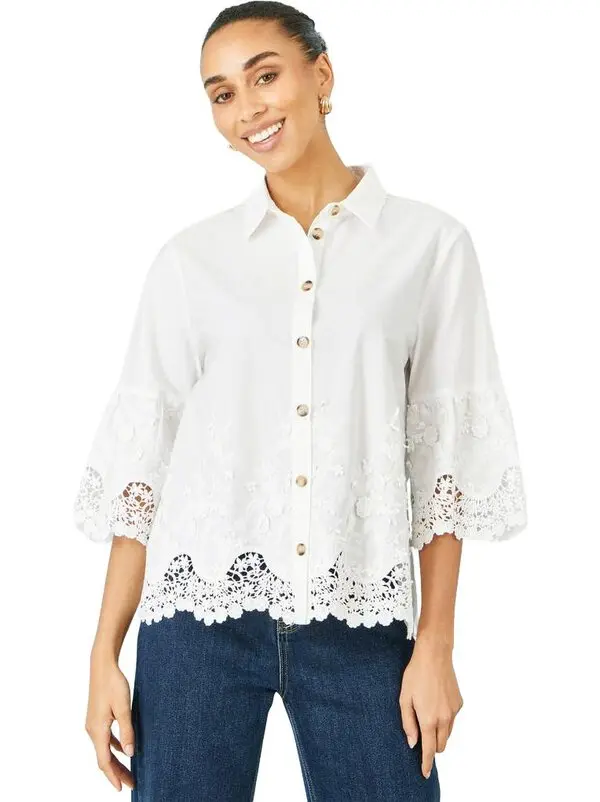 YUMI Cotton Lace Border Shirt - White