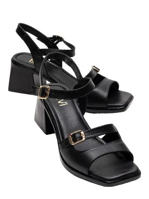 FOREVER & ALWAYS SHOES Yolen Leather Block Heel Sandal - Black