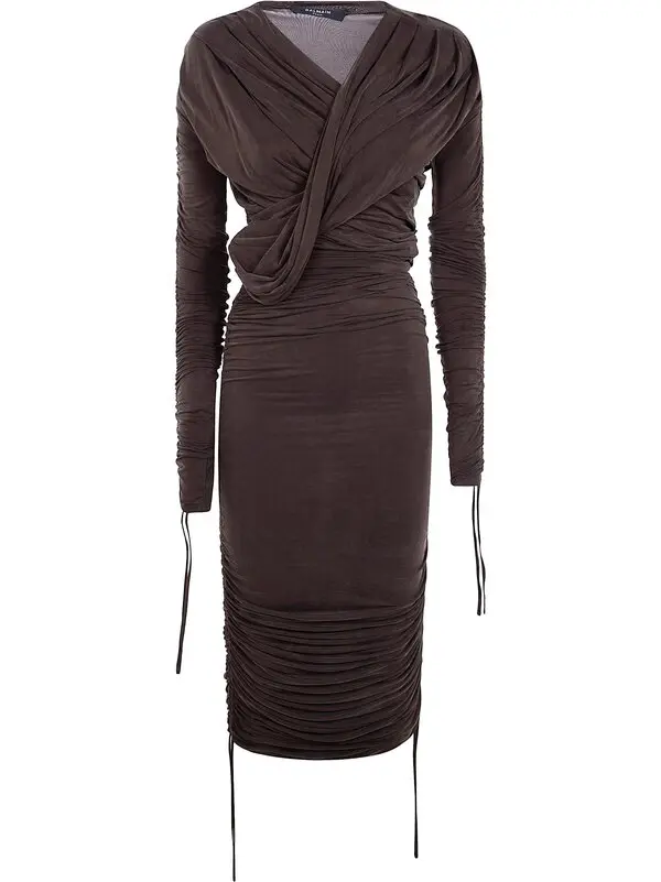Balmain Long Sleeves Draped Jersey Cupro Mid Dress - Brown