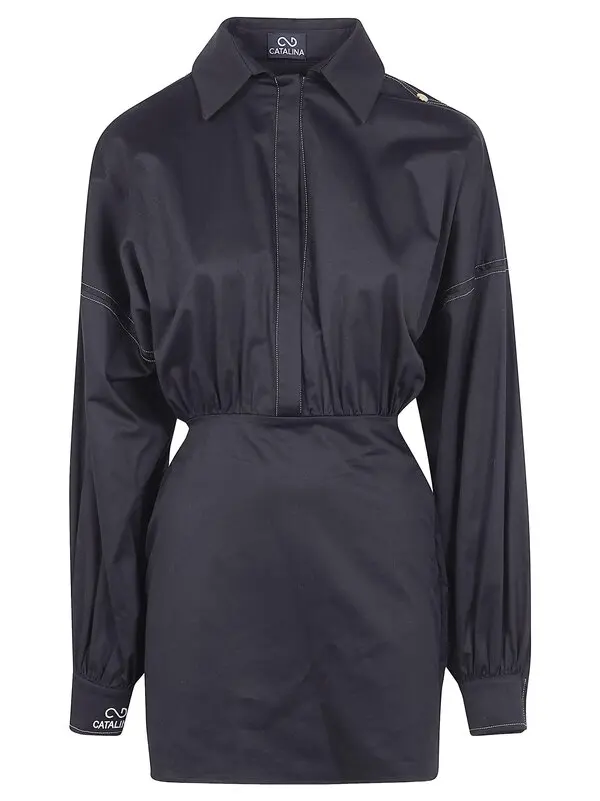 CATALINA Cotton Mini Shirtdress With Ribbon Detail - Black