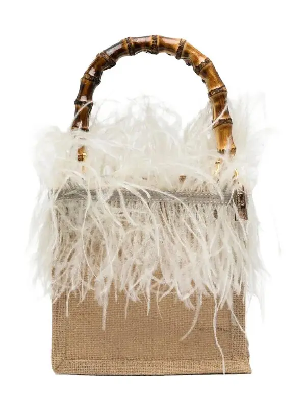 LA MILANESA Jute And Feathers Small Bag - Beige