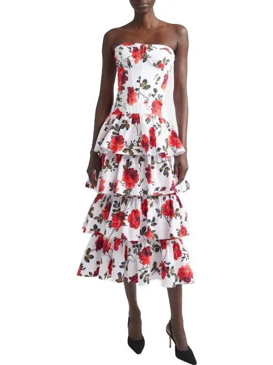Carolina Herrera Rose Print Tiered Ruffle Convertible Stretch Cotton Poplin Dress - White Multi