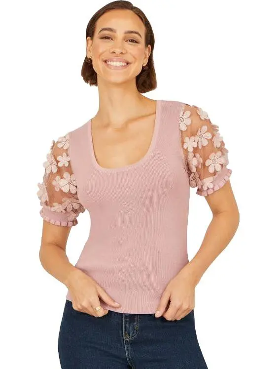 YUMI Floral Applique Knitted Top - Blush