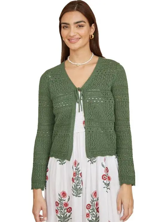 YUMI Crochet Tie-front Cardigan - Green