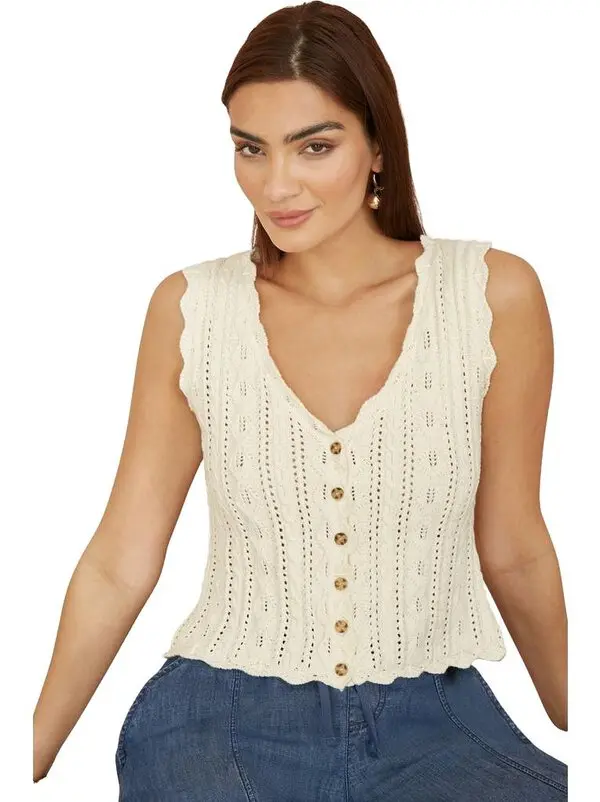 YUMI V-neck Crochet Knit Top - Ivory