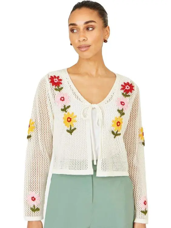 YUMI Crochet Embroidered Flower Cardigan - Ivory