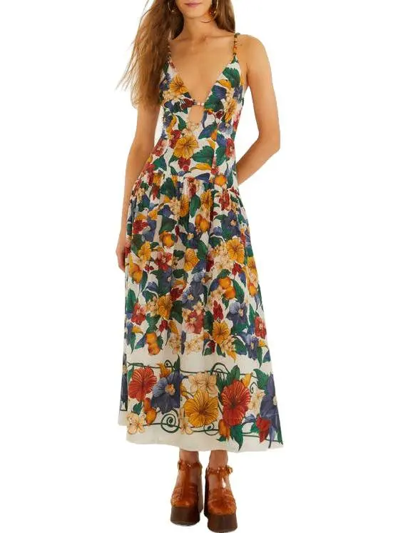 Farm Rio Tropical Print Plunge Neck Midi Dress - Tropi Off-white