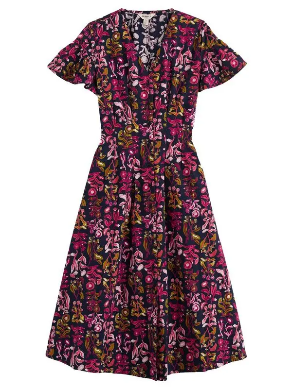 SEASALT CORNWALL Kerthen Woods Floral Organic Cotton Midi Dress - Inky Botanical Maritime