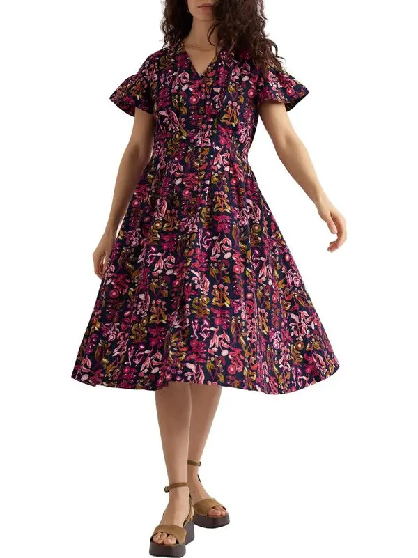 SEASALT CORNWALL Kerthen Woods Floral Organic Cotton Midi Dress - Inky Botanical Maritime