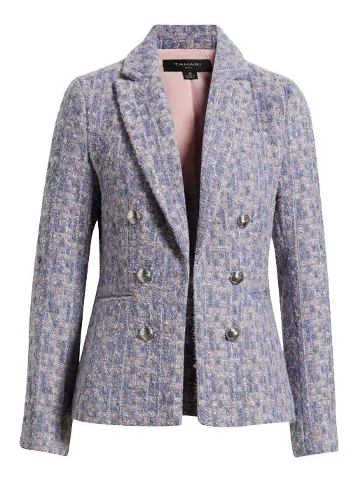 TAHARI ASL Metallic Tweed Double-breasted Jacket - Blue Rose Silver