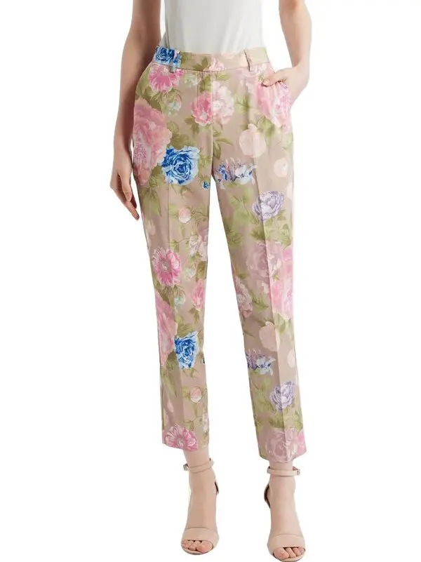 TAHARI ASL Floral Print Tapered Pants - Taupe Multi