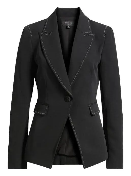 TAHARI ASL Topstitch One-button Blazer - Black White