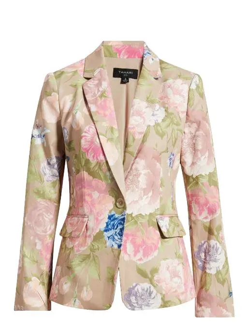 TAHARI ASL Floral Print Sateen Blazer - Taupe Multi