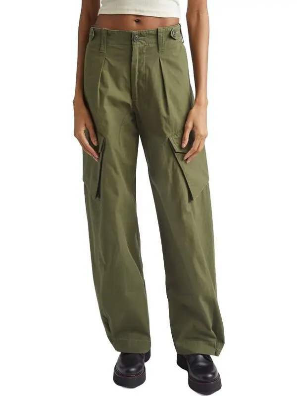 R13 Pleated Barrel Leg Cargo Pants - Olive Green