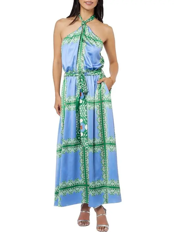 CIEBON Leche Scarf Print Halter Neck Satin Maxi Dress - Blue Multi