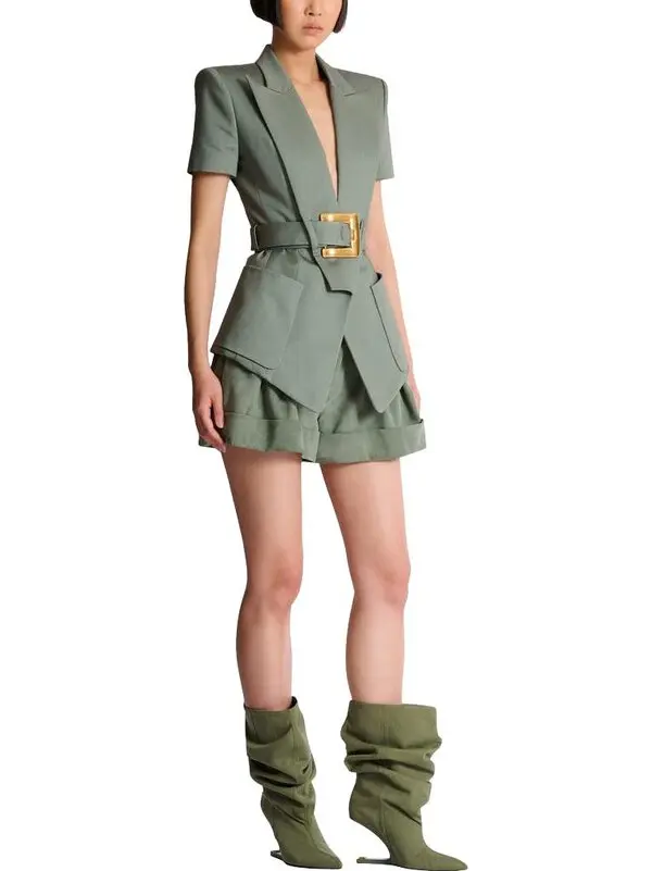 Balmain Belted Gabardine Anthem Jacket - Green