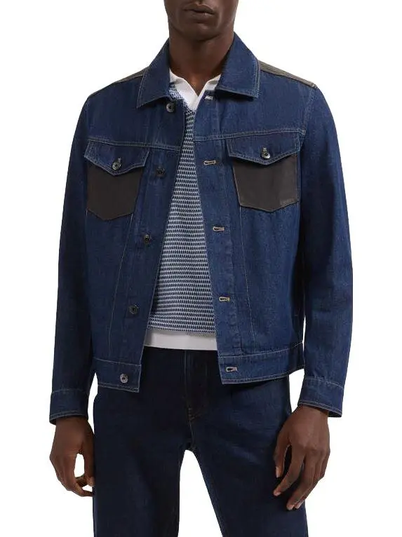 Bugatchi Leather Trim Denim Trucker Jacket - Navy