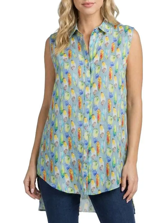 APNY Sleeveless Linen Button-up Shirt - Green/blue Multi