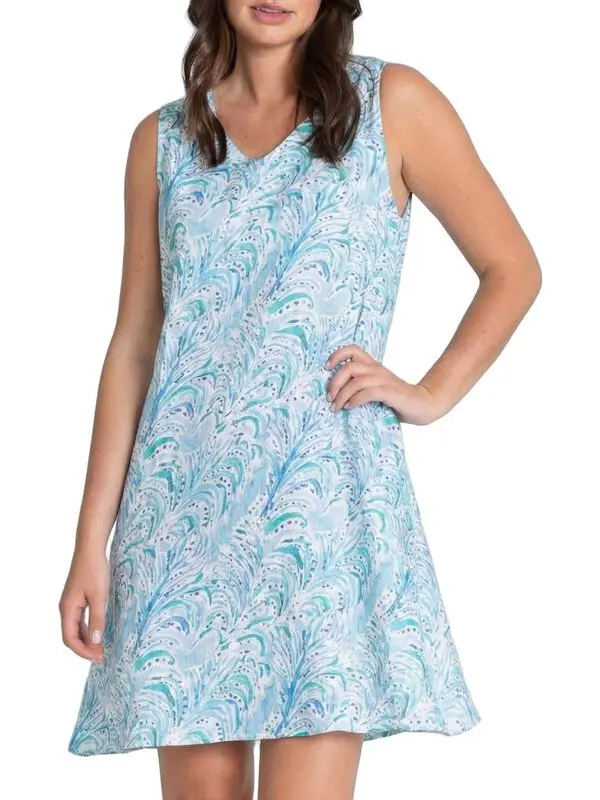 APNY Tropical Palms Linen Shift Dress - Light Blue Multi