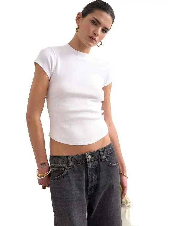 Topshop Ribbed Curved Hem Crop T-shirt - White