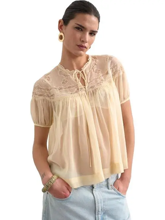 Topshop Sheer Lace Trim Tie Neck Top - Ivory