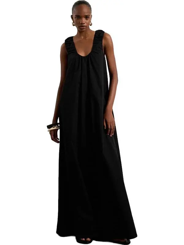Topshop Ruched Cotton Poplin Maxi Dress - Black