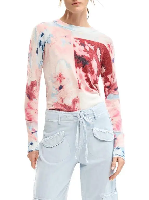 Desigual Floral Metallic Thread Pullover - Pink