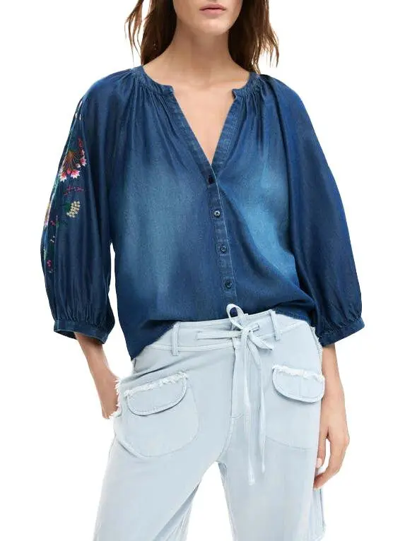 Desigual Embroidered Chambray Shirt - Dark Blue