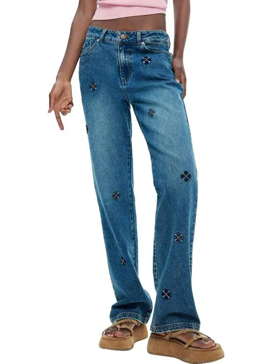 Desigual Embellished Slim Straight Leg Jeans - Dark Blue