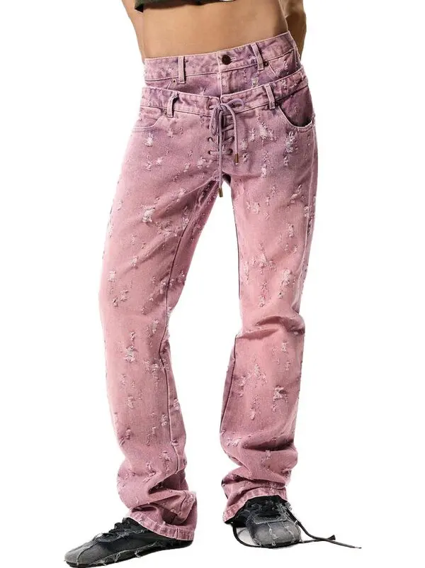 Desigual Double Waist Straight Leg Jeans - Pink