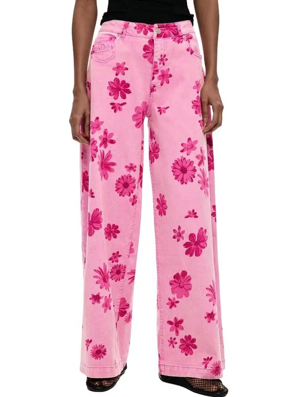 Desigual Floral Print Wide Leg Jeans - Light Pink
