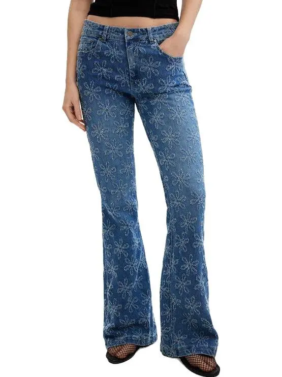 Desigual Floral Embroidered Flare Jeans - Medium Blue