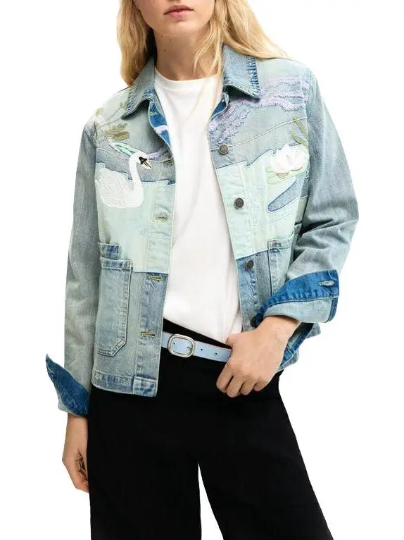 Desigual Swan Appliqué Denim Trucker Jacket - Medium Blue