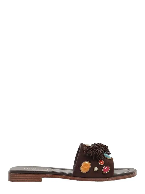 TWINSET Suede Mule Sandals With Stone Embellishments - Coffee