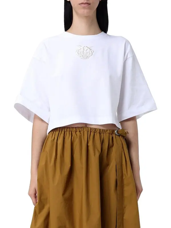 Pinko Cropped T-shirt With Embellished Detail - White