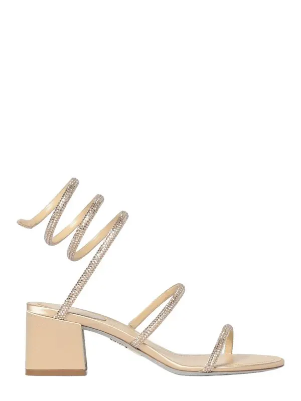 Rene Caovilla Laminated Leather Cleo Sandals With Rhinestones - Beige