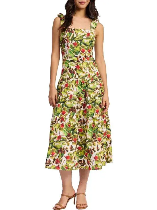 EN SAISON Fig Print Cotton Blend Midi Dress - White Red Olive