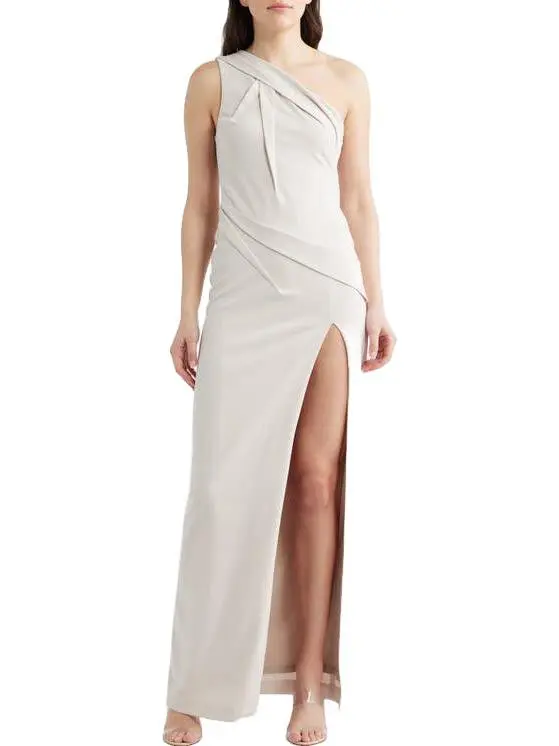 Black Halo Arliss One-shoulder Column Gown - Pale Oyster