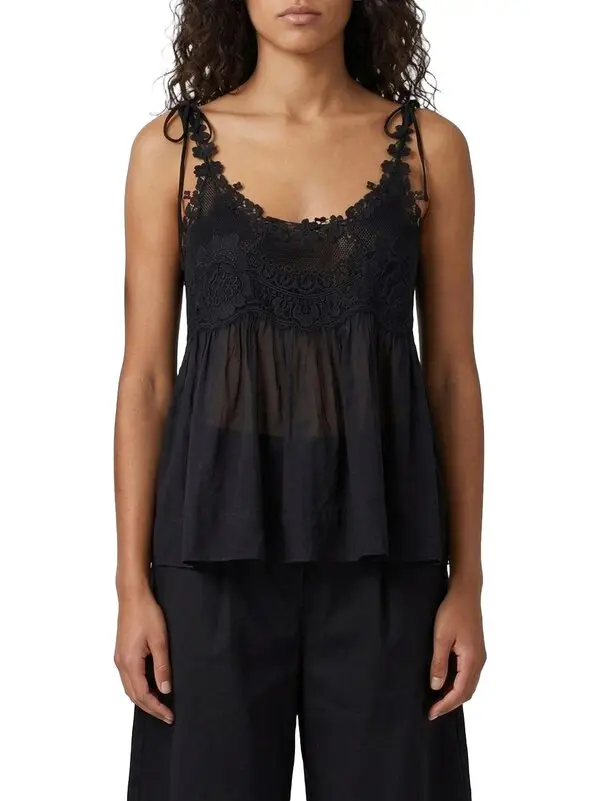 TWINSET Sleeveless Cotton Top With Lace Inserts And Embroidery - Black