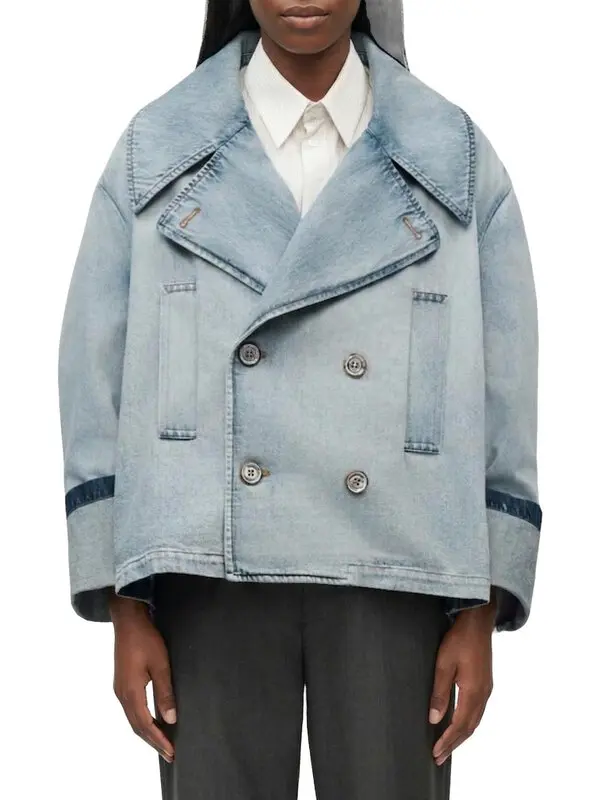 MAISON MARGIELA Bleached Denim Double-breasted Trench Coat - Blue