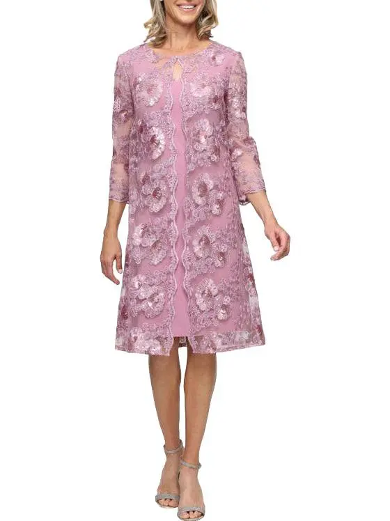 Alex Evenings Sequin Floral Embroidery Mock Jacket Cocktail Dress - Dark Mauve