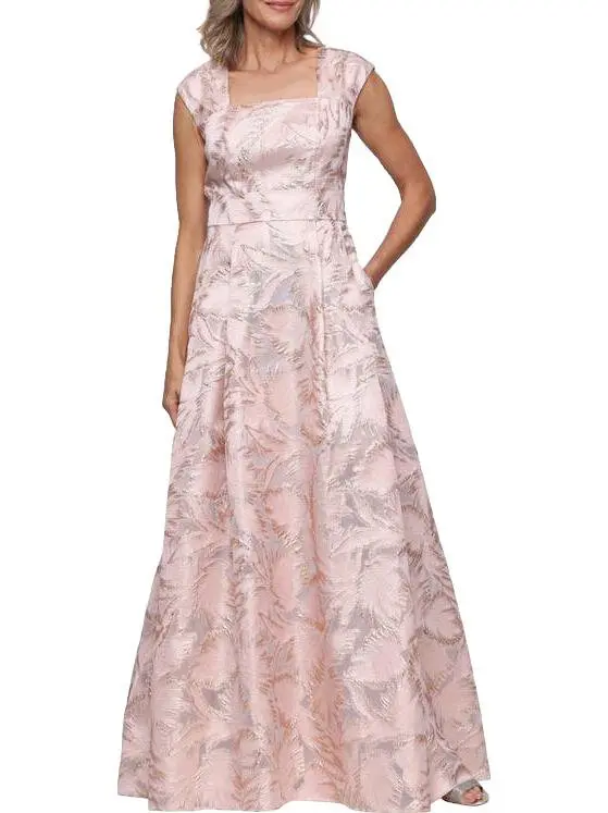 Alex Evenings Metallic Leaf Jacquared Empire Waist Gown - Rose Gold