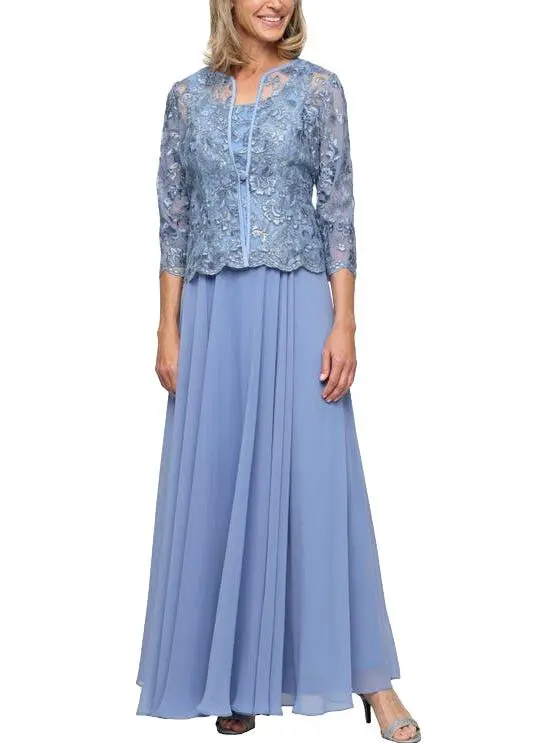 Alex Evenings Mixed Media Sleeveless Gown With Embroidered Jacket - Dusty Blue