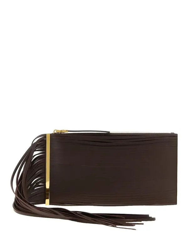 Elisabetta Franchi Nappa Leather Clutch With Fringes And Chain Strap - Cocoa